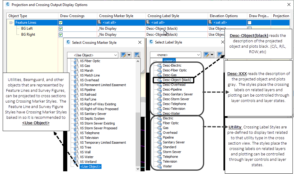 Project objects onto section views